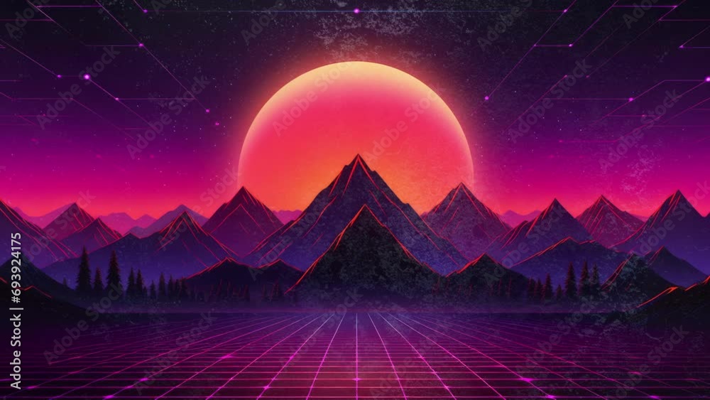 Synthwave tech Vaporwave, synthwave retro style neon landscape geometrical lines background with ...