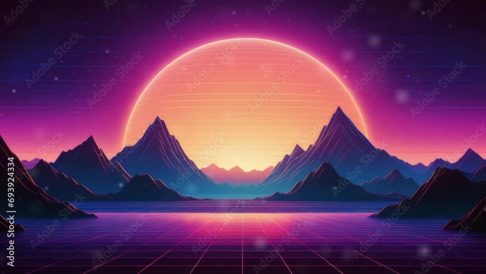 Synthwave tech Vaporwave, synthwave retro style neon landscape geometrical lines background with ...
