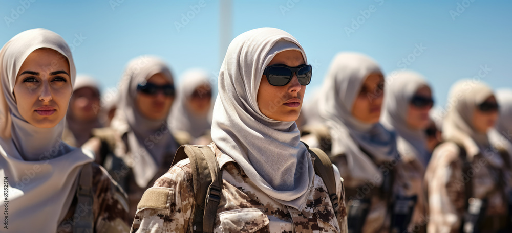 Group of Middle Eastern female soldiers in digital camouflage uniforms ...