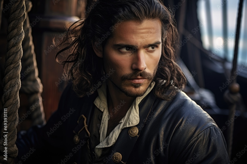 Male model as a dashing pirate captain on a historical sailing ship ...