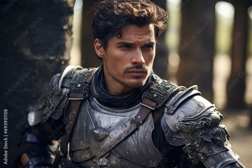 Male model as a warrior in medieval armor in a historic battlefield ...