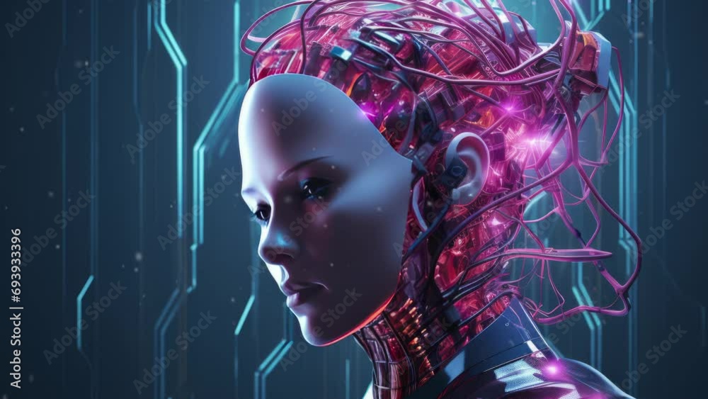 Synthwave tech Artificial android human with wires in the head. 3D in ...