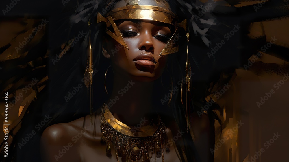 african queen with golden crown and jewelry, portrait of black woman in ...