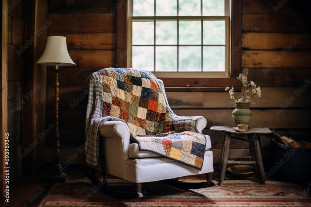 A cozy reading corner with a vintage rocking chair, a handmade quilt ...