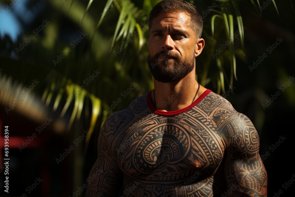 Maori tattoo in Polynesian style on a muscular and athletic man's body ...