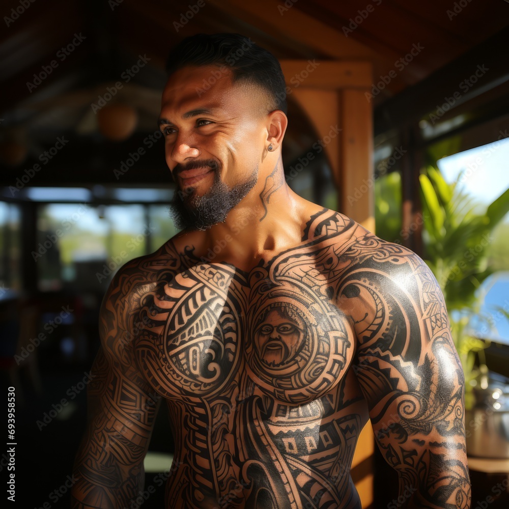 Muscular and athletic body of a man. Polynesian style Maori tattoo on ...