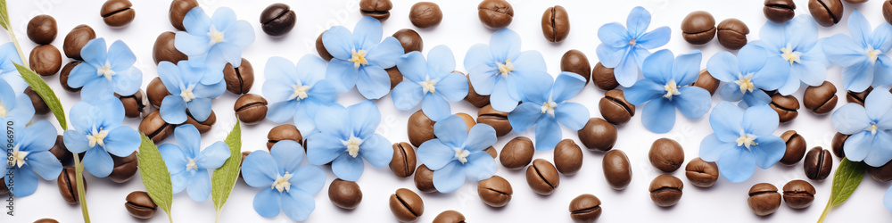 Blue flowers with coffe beans on a white background. Backdrop, Flat ...