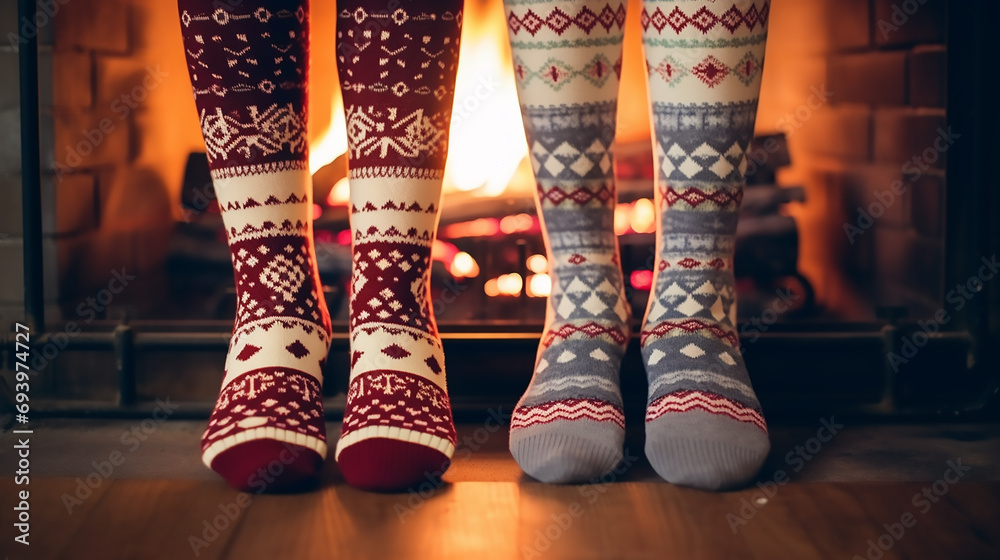 Girls standing in front of fireplace in winter sweaters wearing. Feet ...