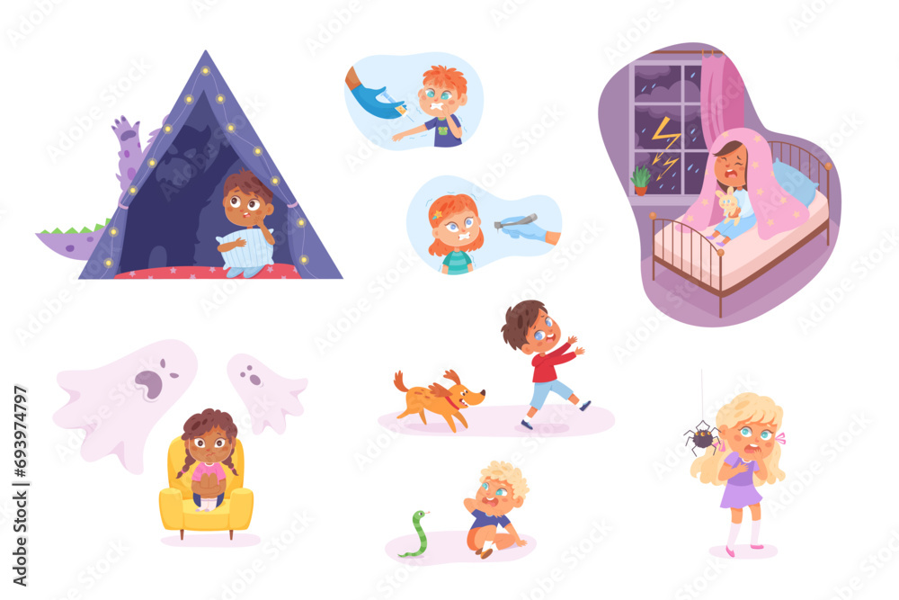 Kids fears vector illustration set. Children afraid. Scared boys and ... Kids fears vector illustration set. Children afraid. Scared boys and ...
