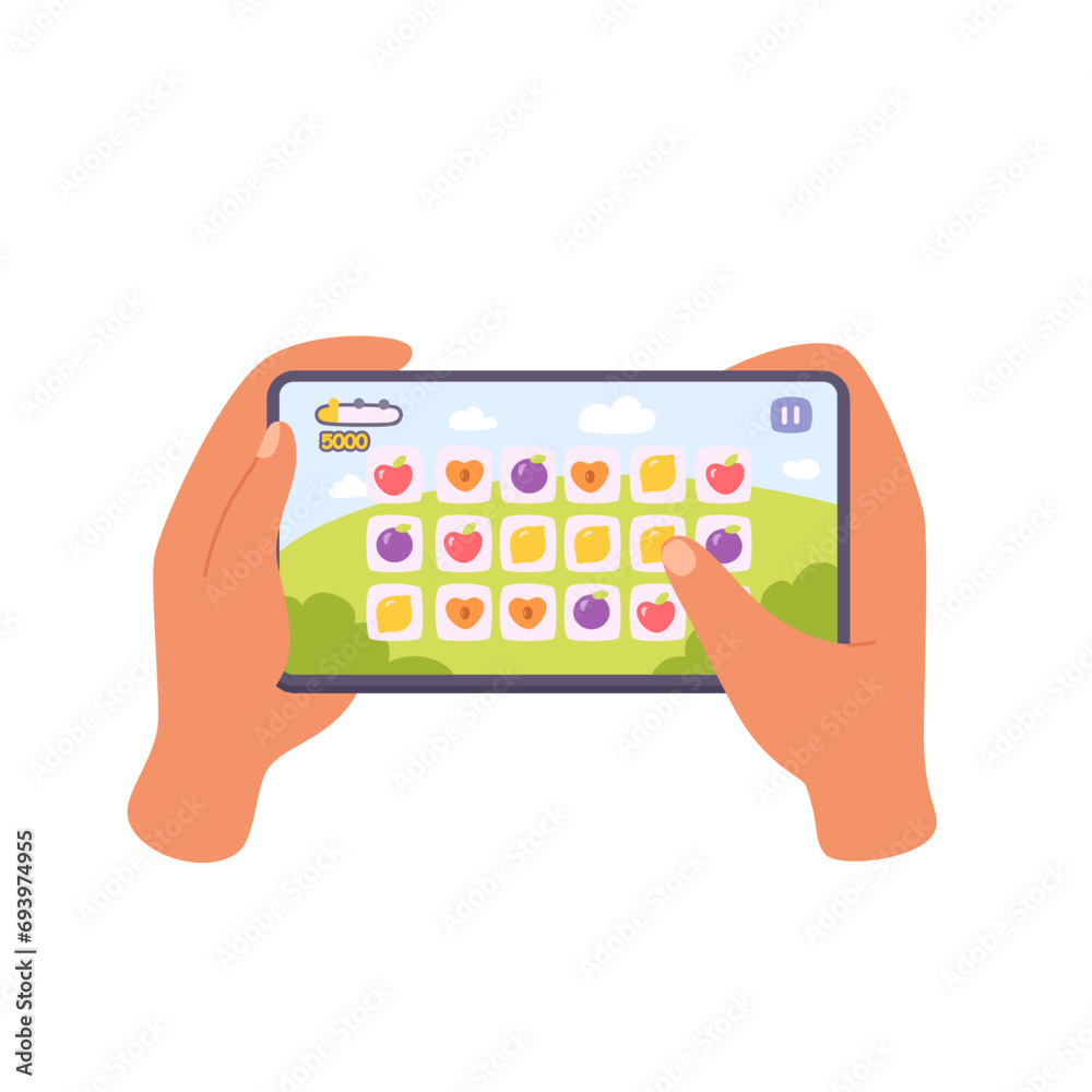 Hands hold horizontally mobile phone with game screen. People arms are ...