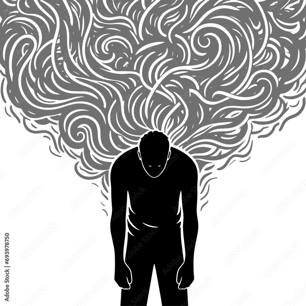 hard working job stress man black silhouette scribble above head ...