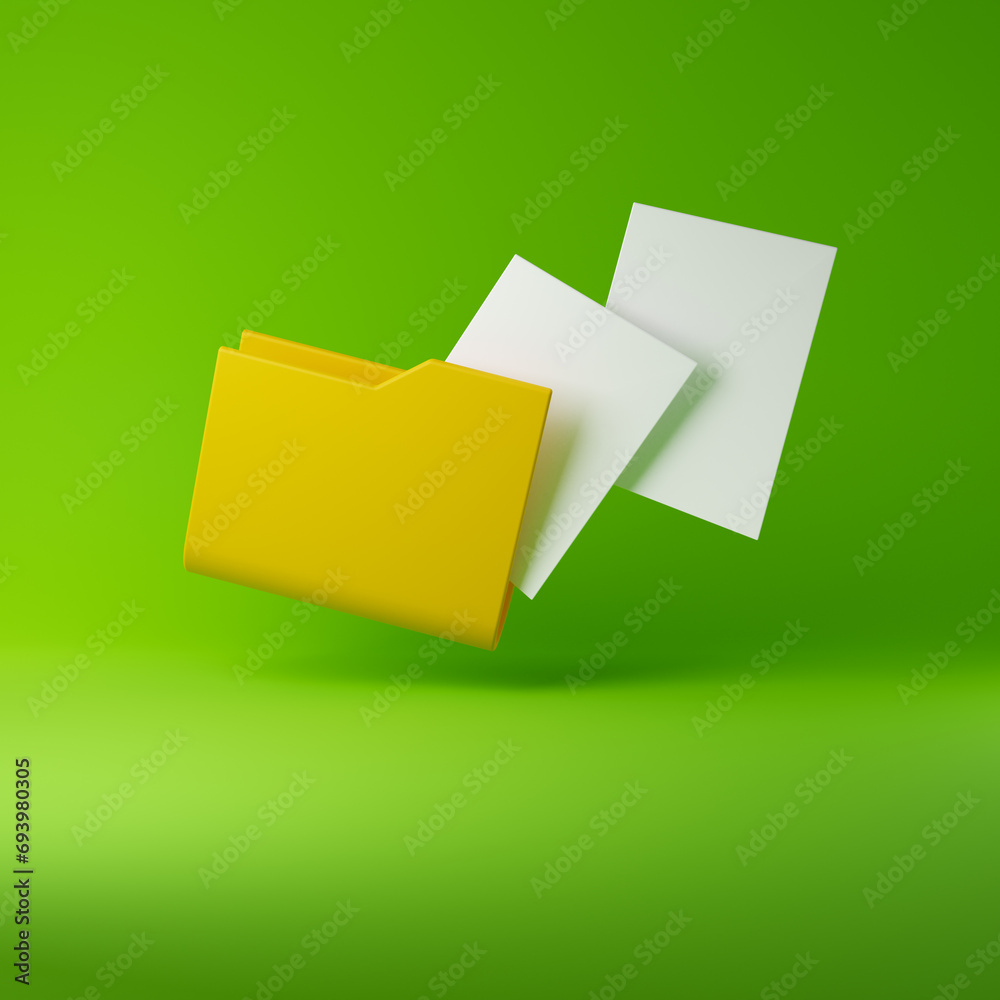 Yellow computer folder with flying blank documents isolated over green ...
