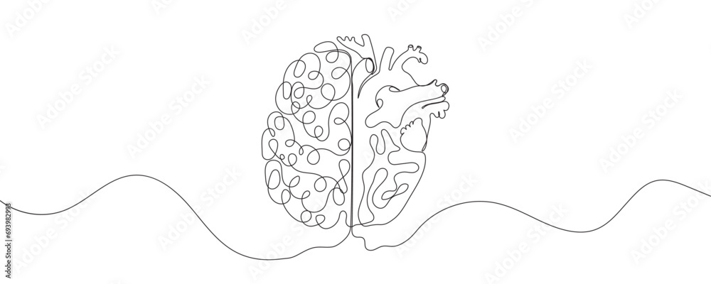 One continuous line drawing of half of a human brain and a human heart ...
