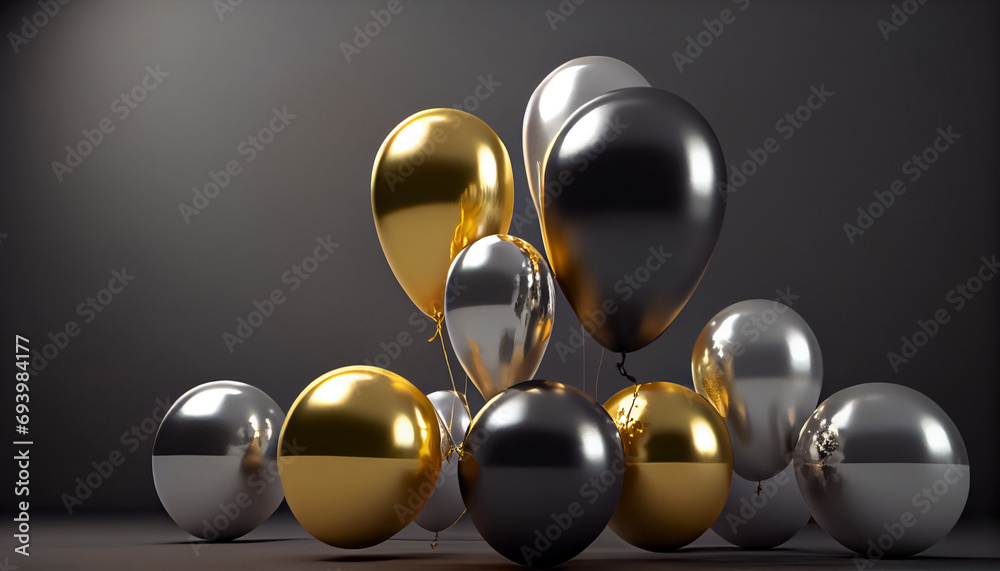 Golden and silver gray metallic balloons and on glistering dark ...