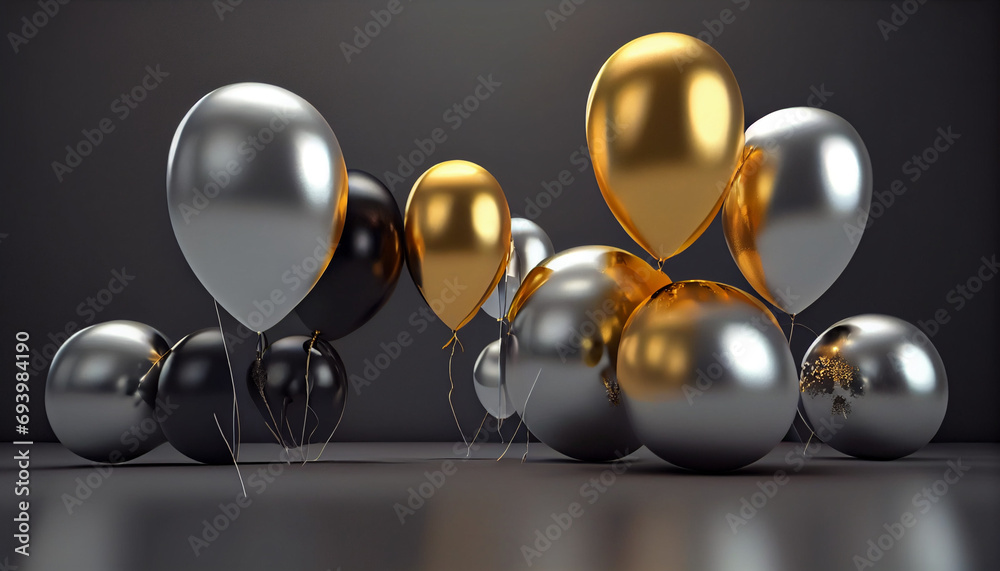 Golden and silver gray metallic balloons and on glistering dark ...