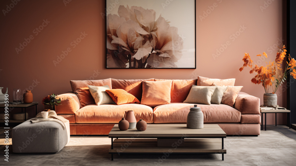 Interior shot of a living room completely immersed in peach fuzz, the ...