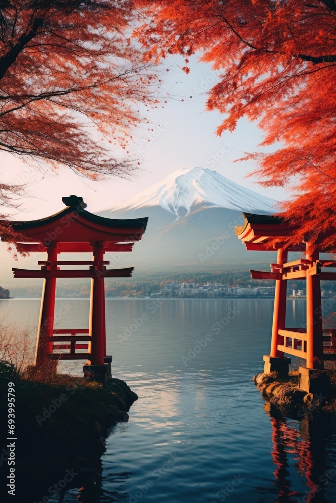 A striking image of a red tori gate sitting on top of a body of water ...