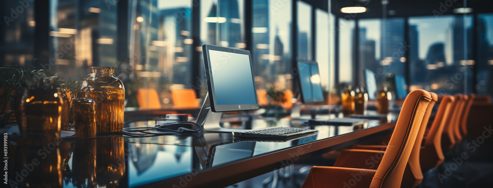 wide background image, view from side of office meeting table with ...