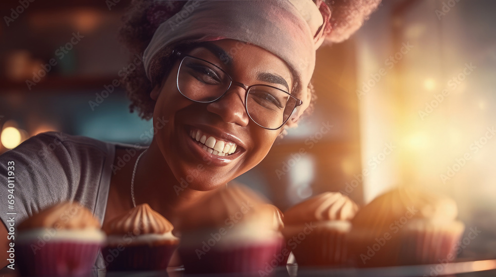 Cheerful black female baker portrait proudly displaying her scrumptious ...