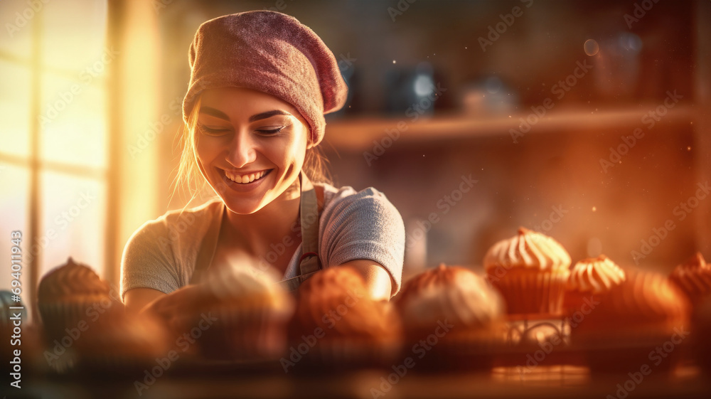 Cheerful female baker portrait proudly displaying her scrumptious cakes ...