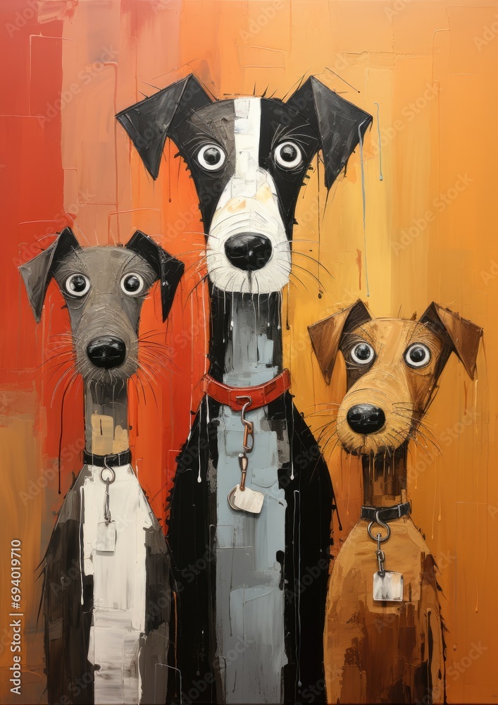 group of dogs standing next to each other, Painting Art, ai generated ...