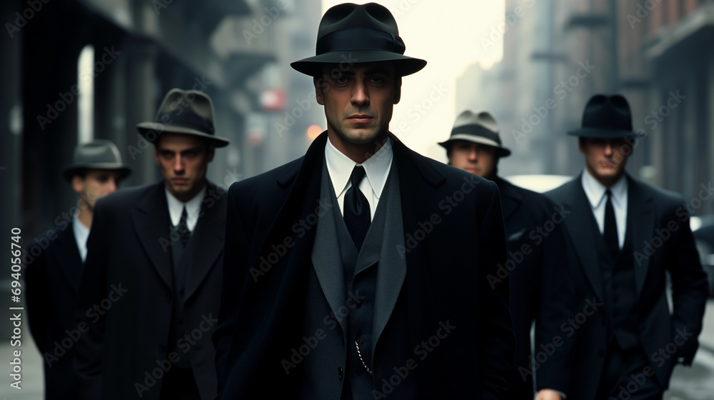 somber group of men in suits and hats exuding a 1920s gangster aura ...