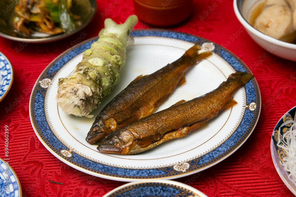 Japanese menu with Ayu. Japanese Ayu, also known as sweetfish, is known ...