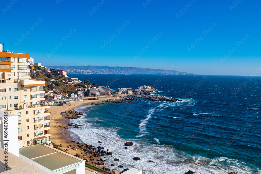 o sol na praia de cochoa Praia Reñaca, Viña del Mar, Valparaíso Região ...