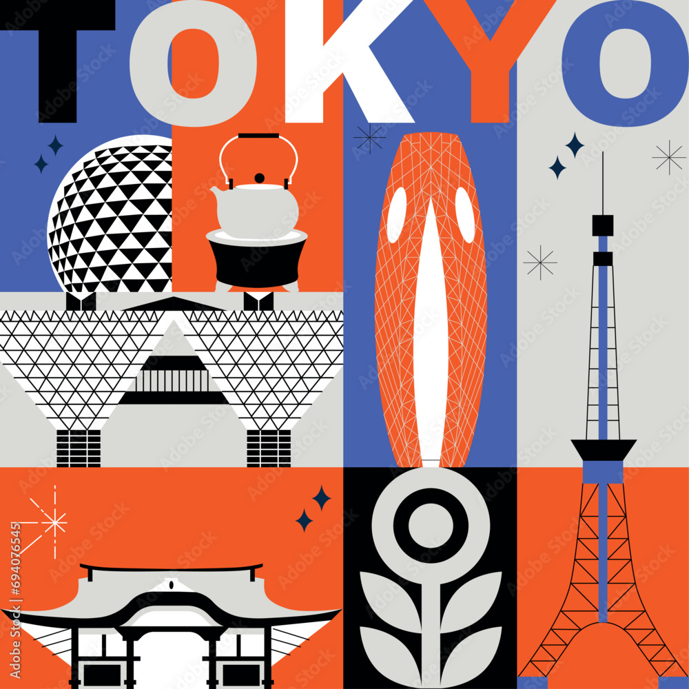 Typography word "Tokyo" branding technology concept. Collection of flat ...