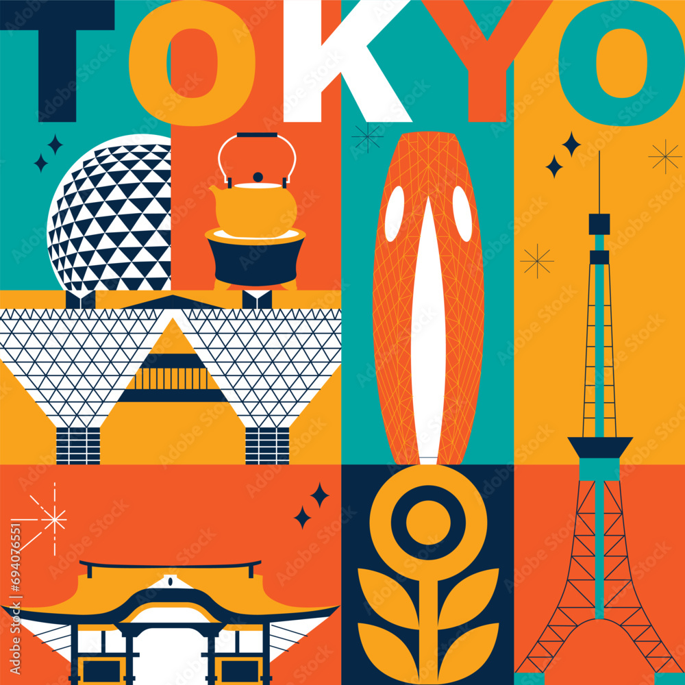 Typography word "Tokyo" branding technology concept. Collection of flat ...