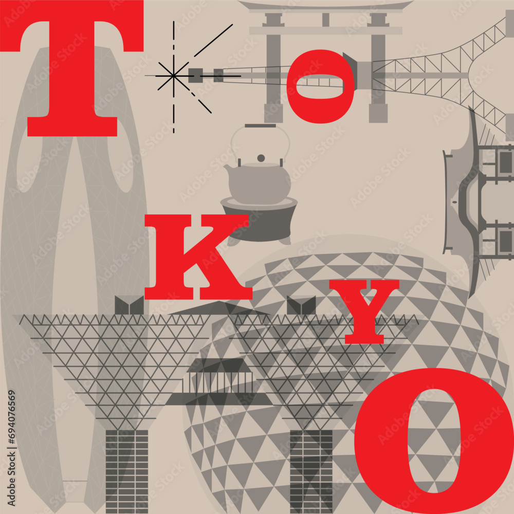 Typography word "Tokyo" branding technology concept. Collection of flat ...