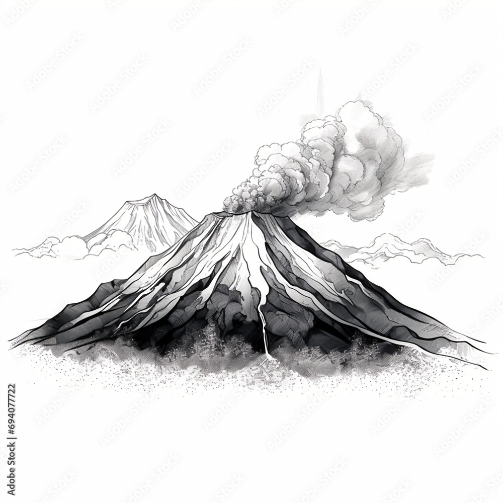 Minimalist Volcano Line Art in Black and White with Intricate Shading ...