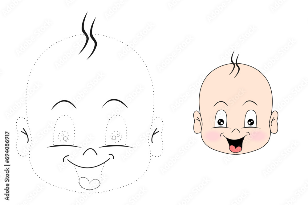 Cartoon cute baby face to connect stroke to stroke, dot to dot. Linear ...