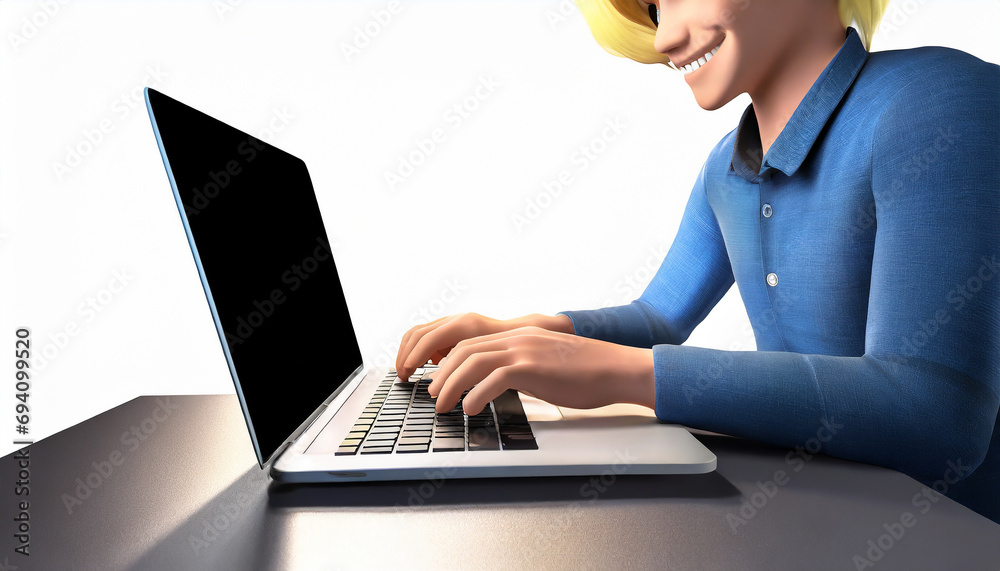 3d render character of a man hands typing keyboard on laptop computer ...