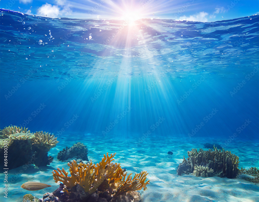 Beautiful blue ocean background with sunlight and undersea scene Stock ...