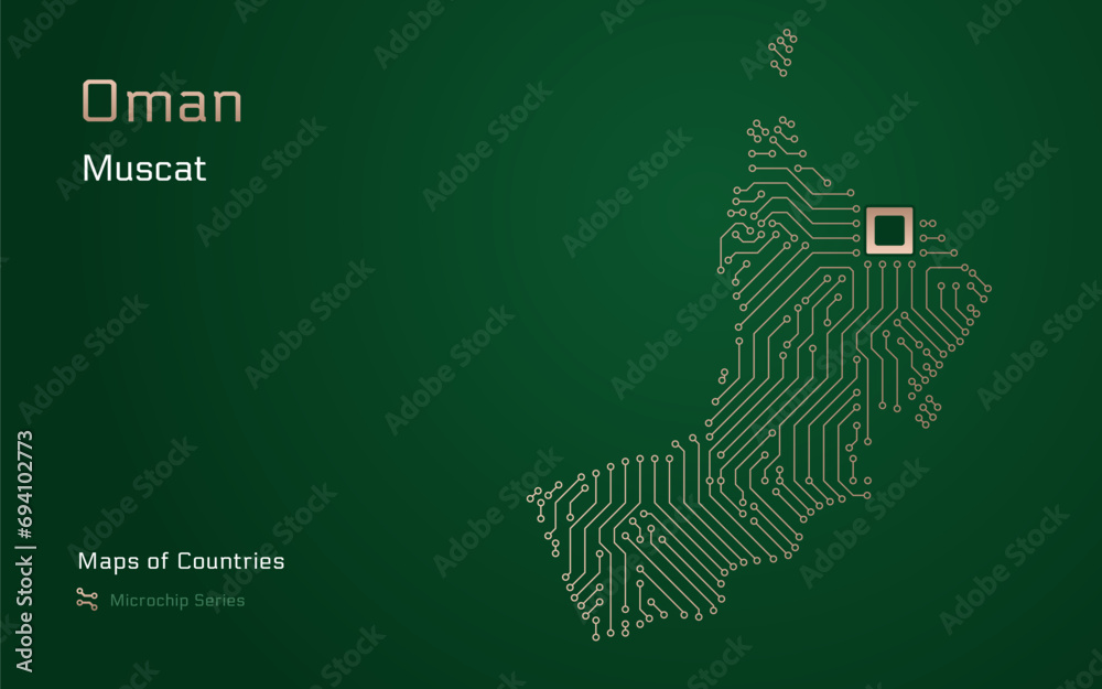 Oman Map with a capital of Muscat Shown in a Microchip Pattern with ...