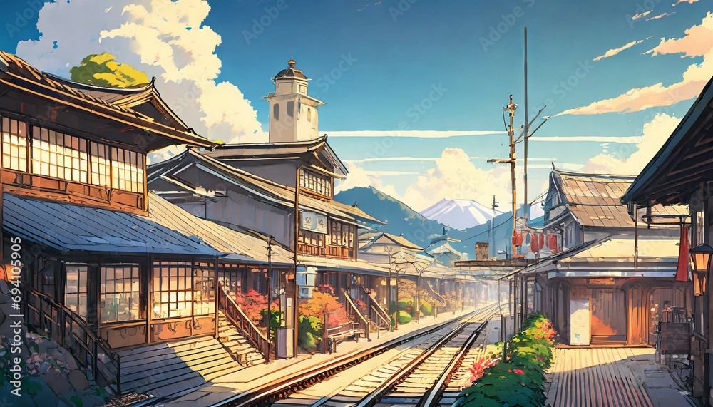 a beautiful japanese village city town in the morning railway station ...