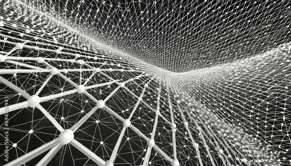 White Abstract Background Grid Of Interlacing Lines And Dots On A Dark Background Structure Of