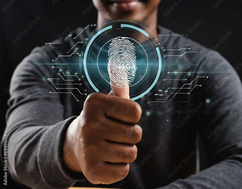 Thumbs up with virtual fingerprint to scan biometric identity and ...