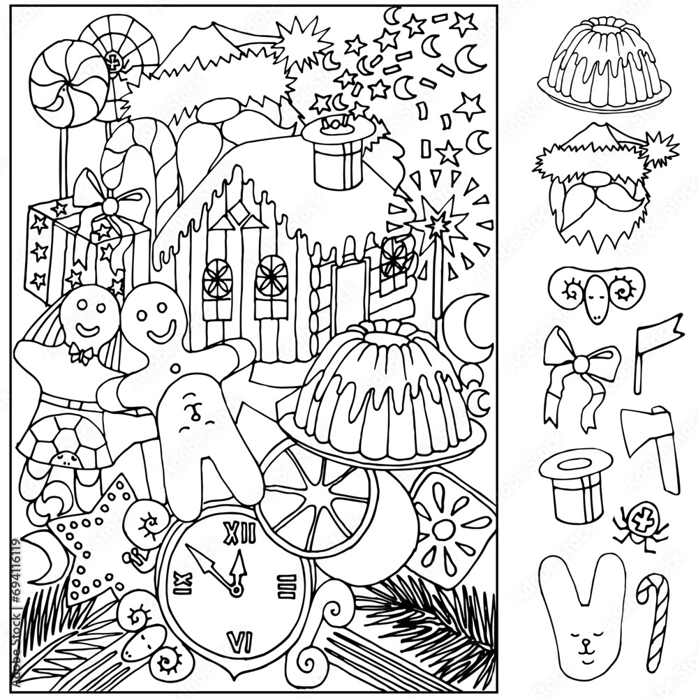 Christmas game. Find and color hidden objects in the picture. Santa ...