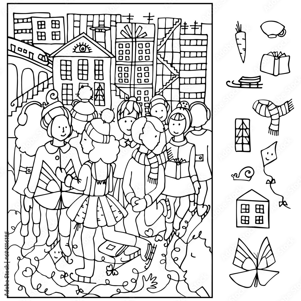 Winter. Children are skating on ice in the city. Find and color hidden ...