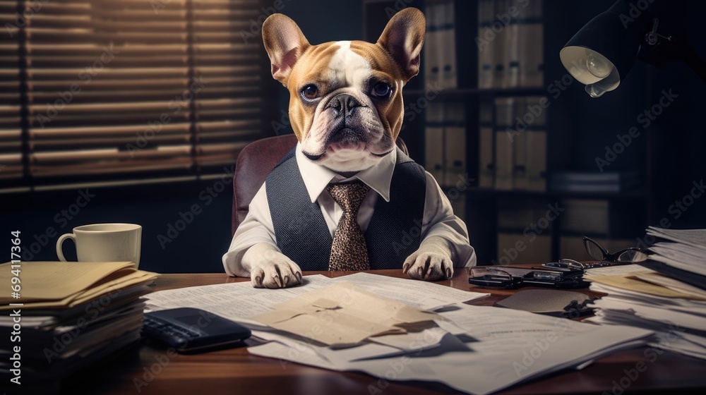Dog in business suit, French Bulldog office manager, pet humor in ...