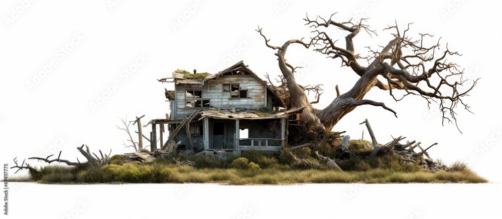 Derelict, deserted home with dead trees and overgrown grass. Stock ...