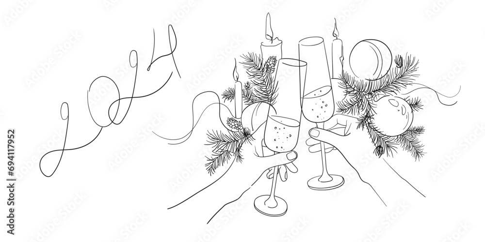 Continuous line champagne cheers one line art, continuous drawing ...