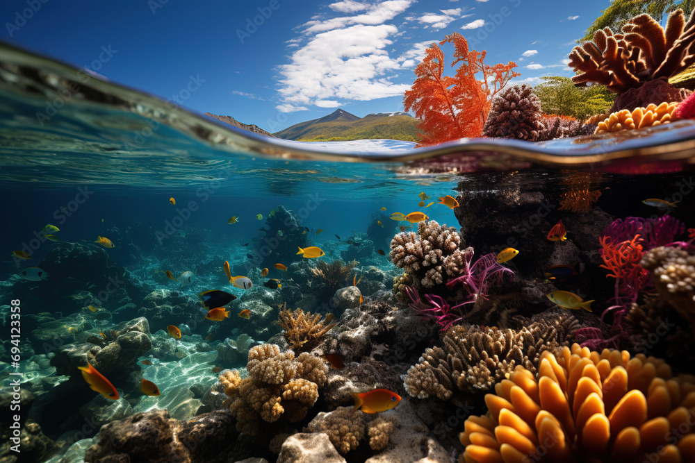 Split-level view of a vibrant coral reef underwater and a scenic ...