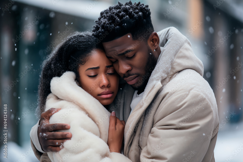 Family couple in arms and grief crying . A loving couple in each other ...