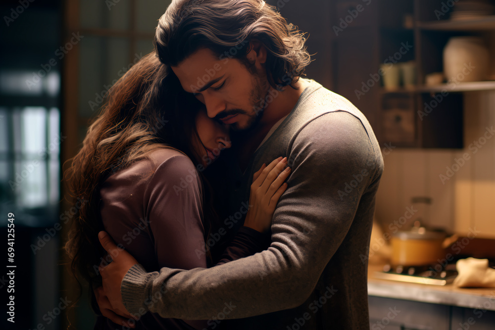 Family couple in arms and grief crying . A loving couple in each other ...