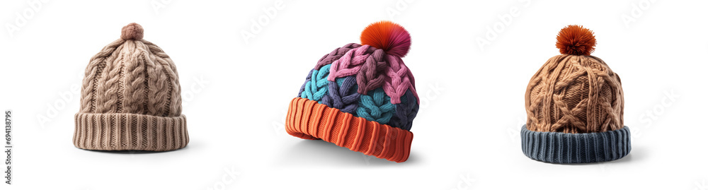 set collection of classic wool winter hat beanie, different colors and ...