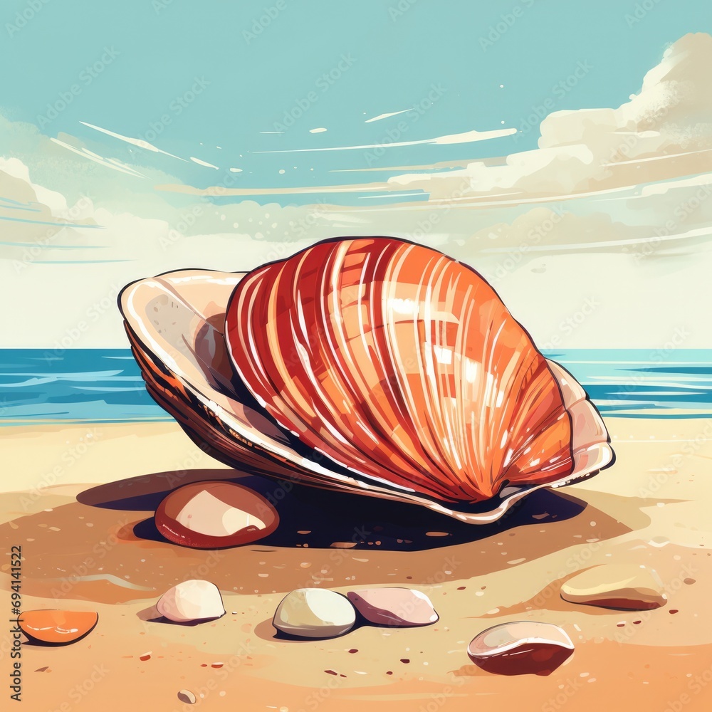 Cherrystone Clam Illustration with Seafood and Beach Background - Isolated Sea Food Illustration ...