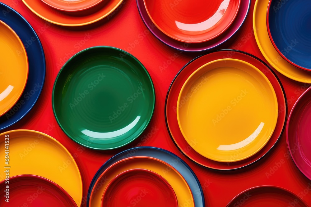 Colorful Plates Composition on Red Background for Table Setting and ...